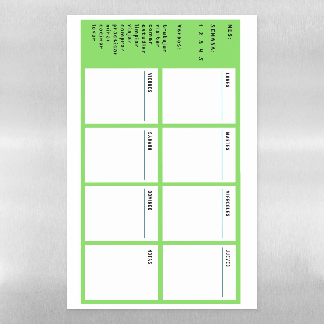 Spanish Weekly Planner with Common Verbs Magnetic Dry Erase Sheet | Zazzle