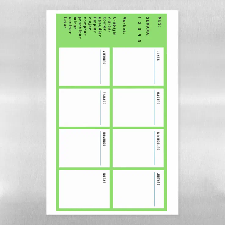 Spanish Weekly Planner with Common Verbs Magnetic Dry Erase Sheet | Zazzle