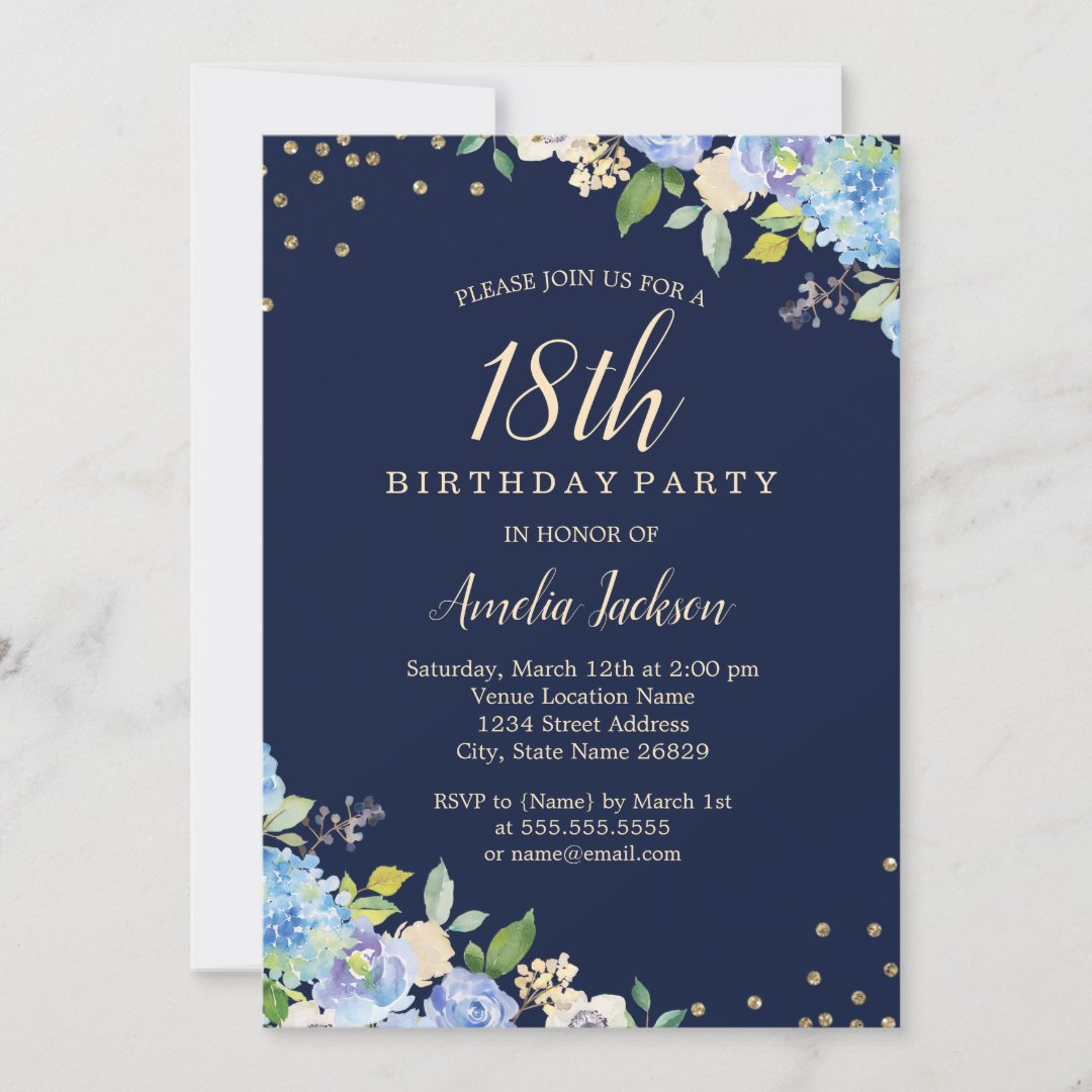 Sparkle Floral Blue 18th Birthday Party Invitation | Zazzle