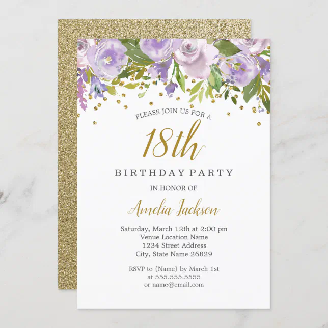 Sparkle Floral Purple 18th Birthday Invite | Zazzle