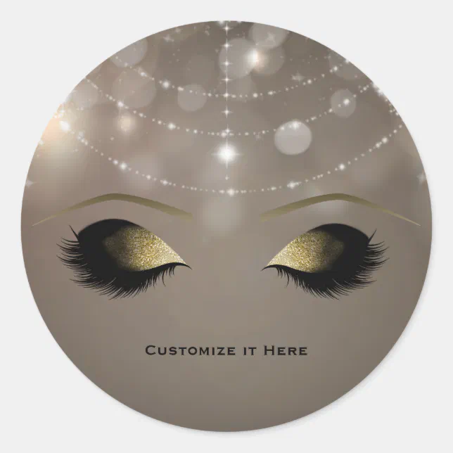 Sparkle Glitter Glam Gold Makeup Eyelashes Custom Classic Round Sticker ...