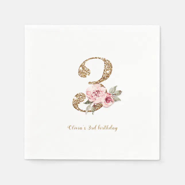 Sparkle gold glitter and pink floral 3rd birthday napkins | Zazzle