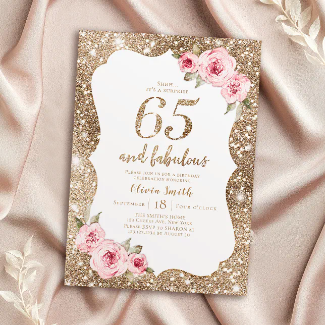Sparkle gold glitter and pink floral 65th birthday invitation | Zazzle