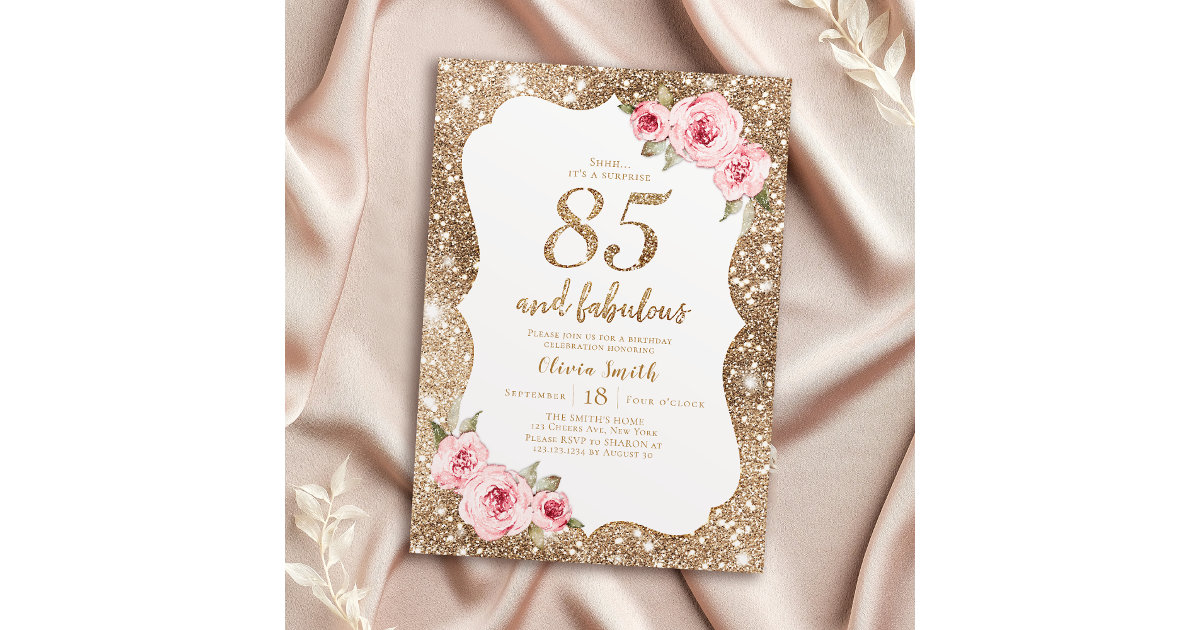 Sparkle gold glitter and pink floral 85th birthday invitation | Zazzle