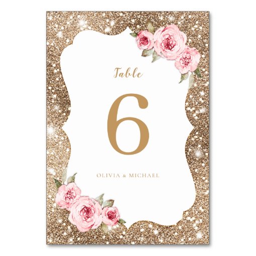 Sparkle gold glitter and pink floral Wedding Table Number | Zazzle