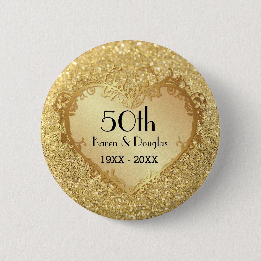 Sparkle Gold Heart 50th Wedding Anniversary Button | Zazzle