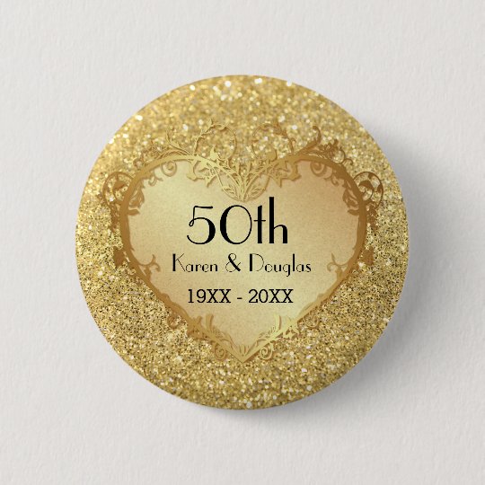 Sparkle Gold Heart 50th Wedding Anniversary Button | Zazzle.com