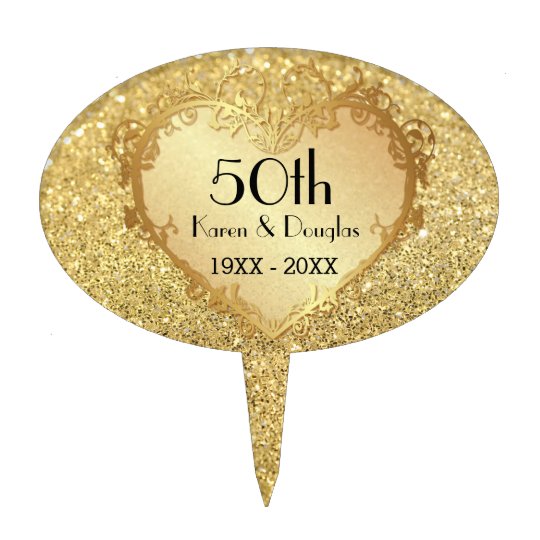 Sparkle Gold Heart 50th Wedding Anniversary Cake Topper