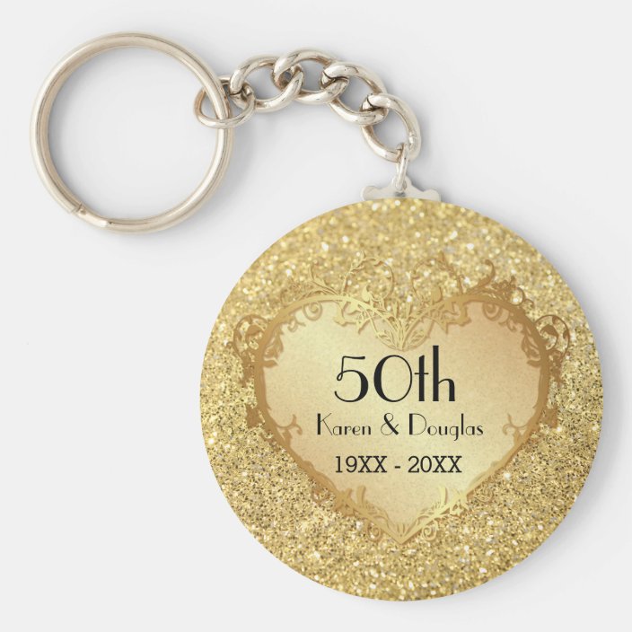 Sparkle Gold Heart 50th Wedding Anniversary Keychain | Zazzle.com