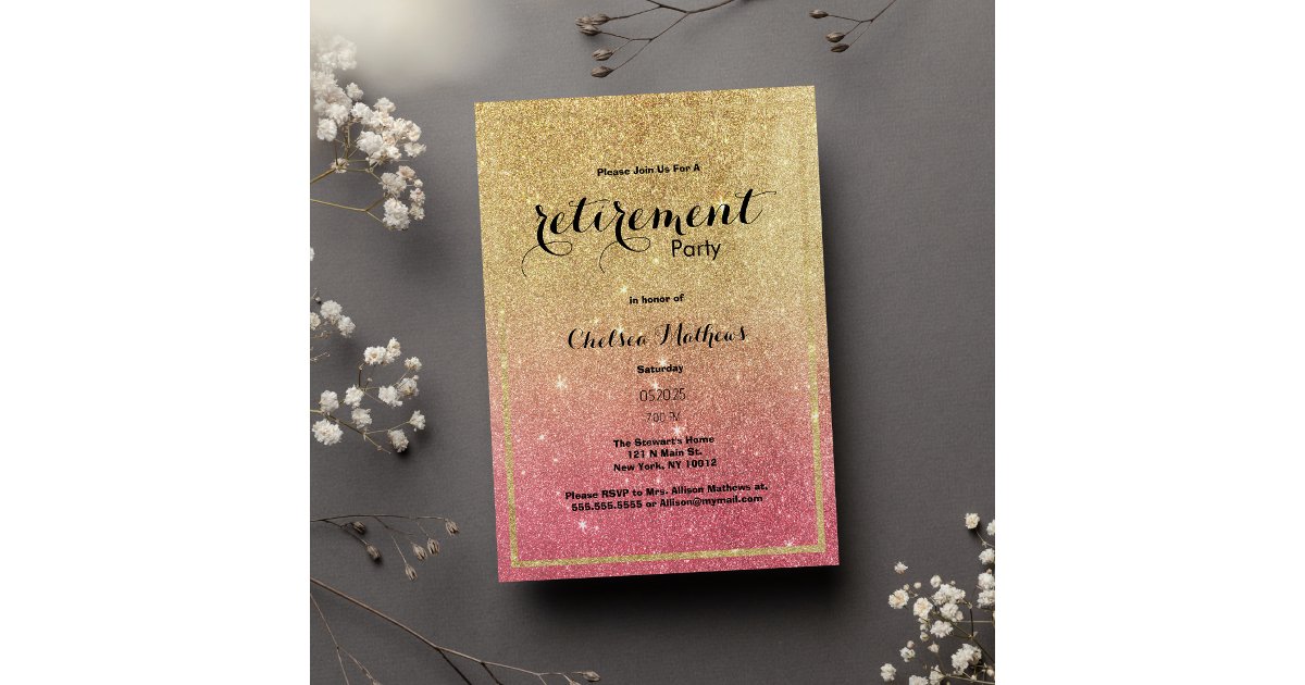 Sparkle Gold Pink Ombre Glitter Retirement Party Invitation | Zazzle
