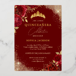 Sparkle Gold Red Rose Tiara Quinceanera Foil Invitation | Zazzle