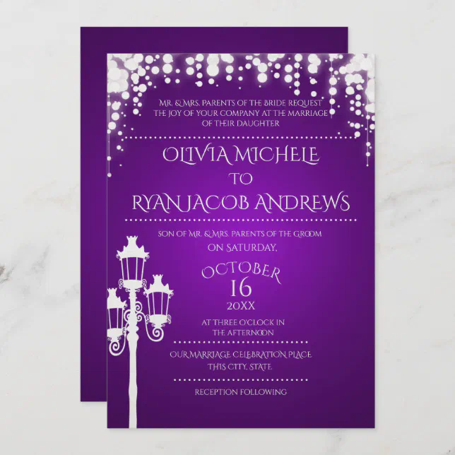Sparkle Lamp Post Gala Purple Wedding Invitation | Zazzle