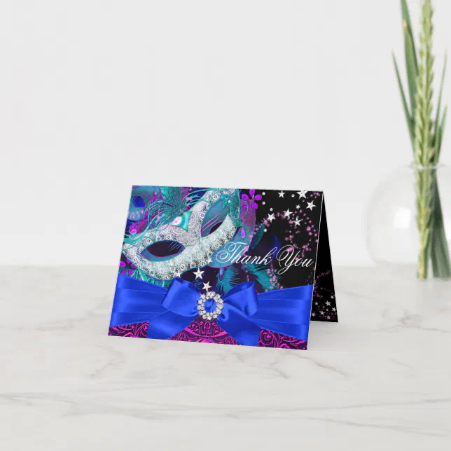Sparkle Mask & Bow Masquerade Thank You Card | Zazzle