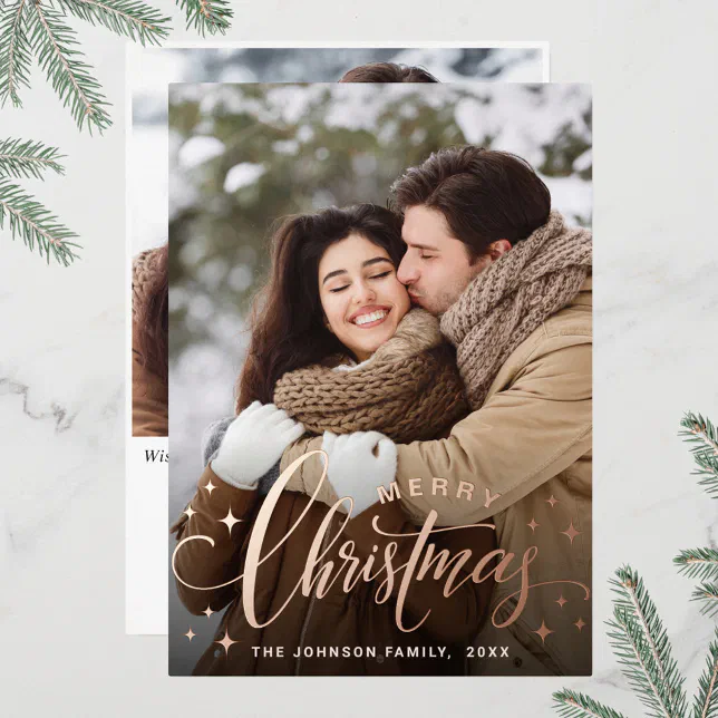 Sparkle Merry Christmas 2 PHOTO Greeting Rose Gold Foil Holiday Card ...
