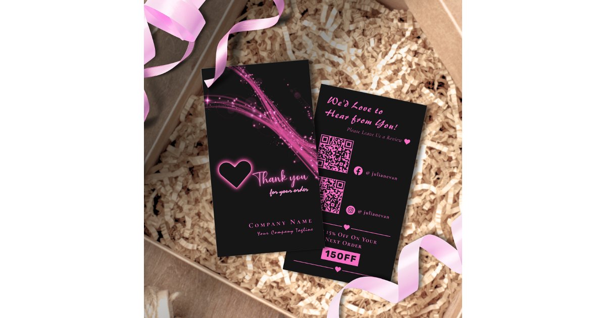 Sparkle Neon Pink Glitter Heart QR Code Thank you Business Card | Zazzle