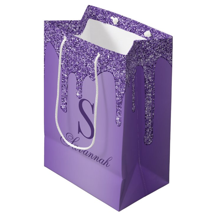 Sparkle Purple Glitter Drips Monogram Medium Gift Bag | Zazzle