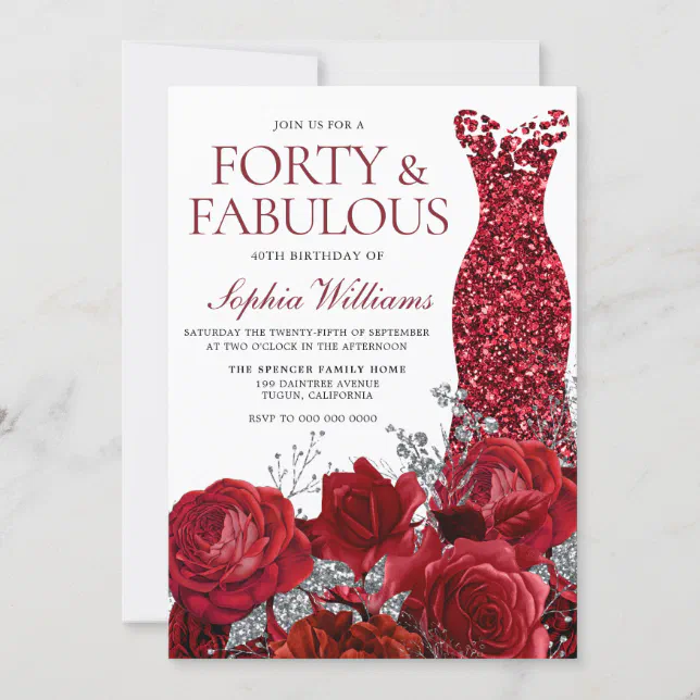 Sparkle Red Dress & Roses 40th Birthday Party Invitation | Zazzle