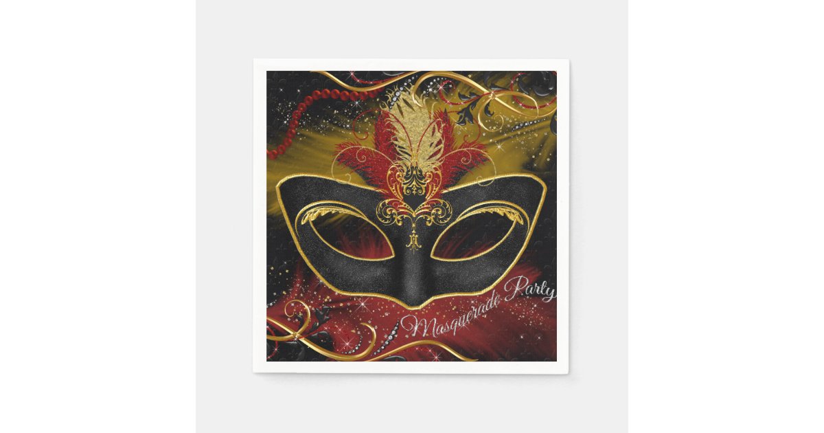Sparkle Red & Gold Feather Mask Masquerade Napkin | Zazzle