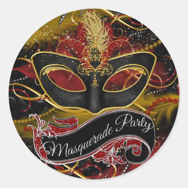 Sparkle Red & Gold Feather Mask Masquerade Sticker | Zazzle