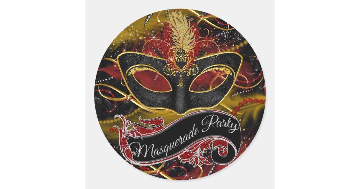 Sparkle Red & Gold Feather Mask Masquerade Sticker | Zazzle