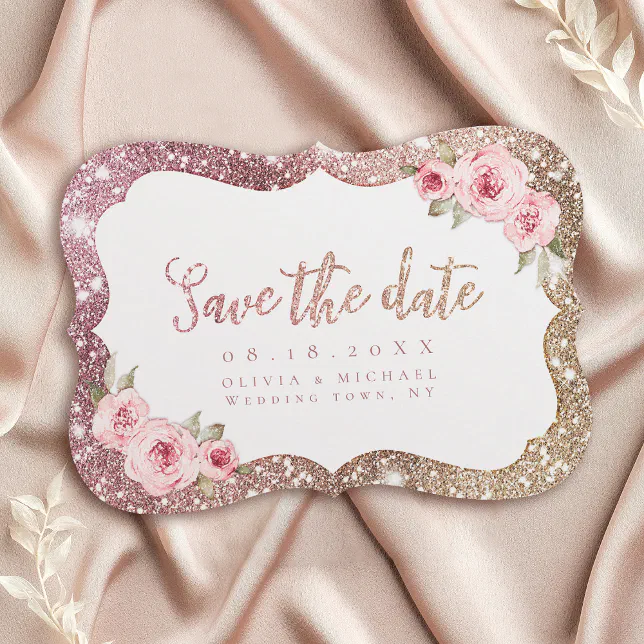 Sparkle rose gold glitter and floral Save The Date | Zazzle