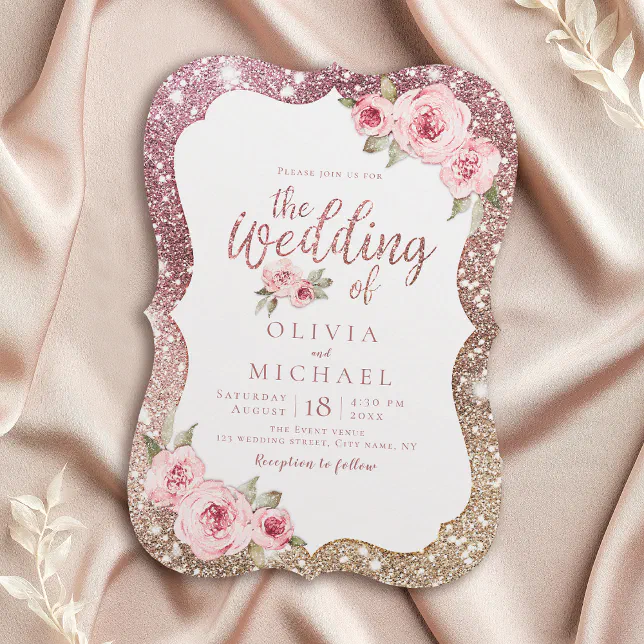 Sparkle rose gold glitter and floral wedding invitation | Zazzle