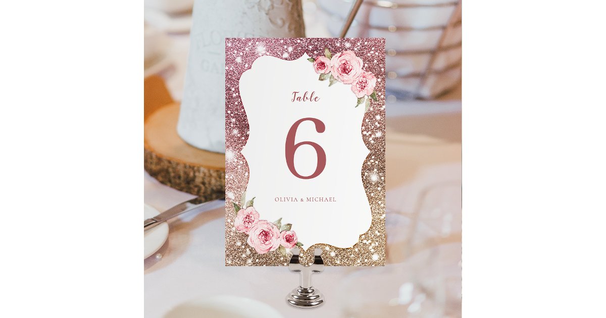 Sparkle rose gold glitter and floral Wedding Table Number | Zazzle