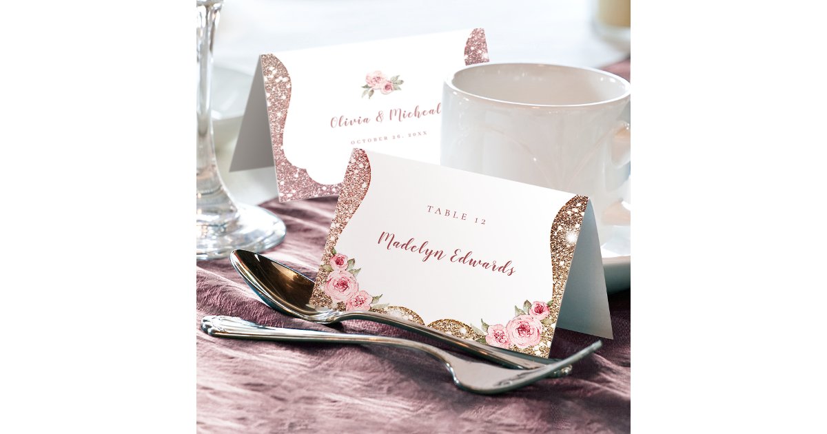 Sparkle rose gold glitter floral Place Card | Zazzle