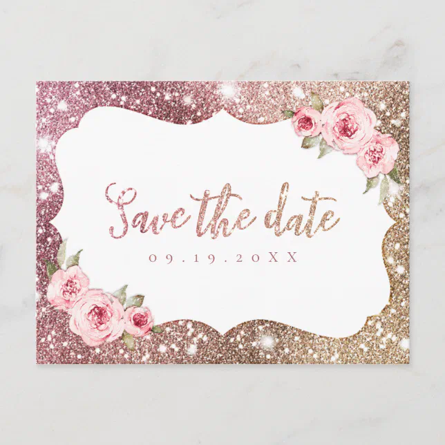 Sparkle rose gold glitter floral save the date announcement postcard ...