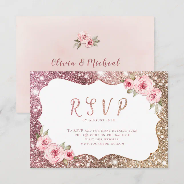 Sparkle rose gold glitter floral wedding QR code RSVP Card | Zazzle