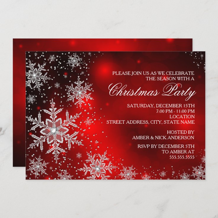 Sparkle Snowflake Red Christmas Party Invite | Zazzle