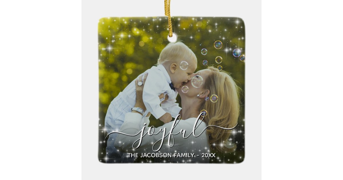 Sparkle Stars Photo Overlay Joyful Christmas Ceramic Ornament | Zazzle