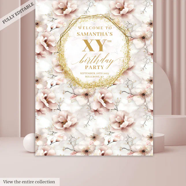 Sparkling Blush Floral Birthday Party Backdrop | Zazzle