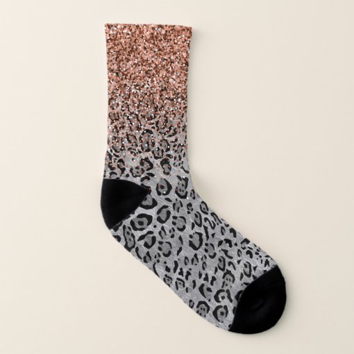 Sparkling Girly Rose Gold Glitter Leopard Socks | Zazzle