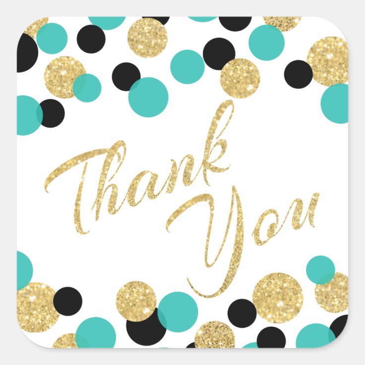 Sparkling Gold Glitter and Teal Confetti Thank You Square Sticker | Zazzle