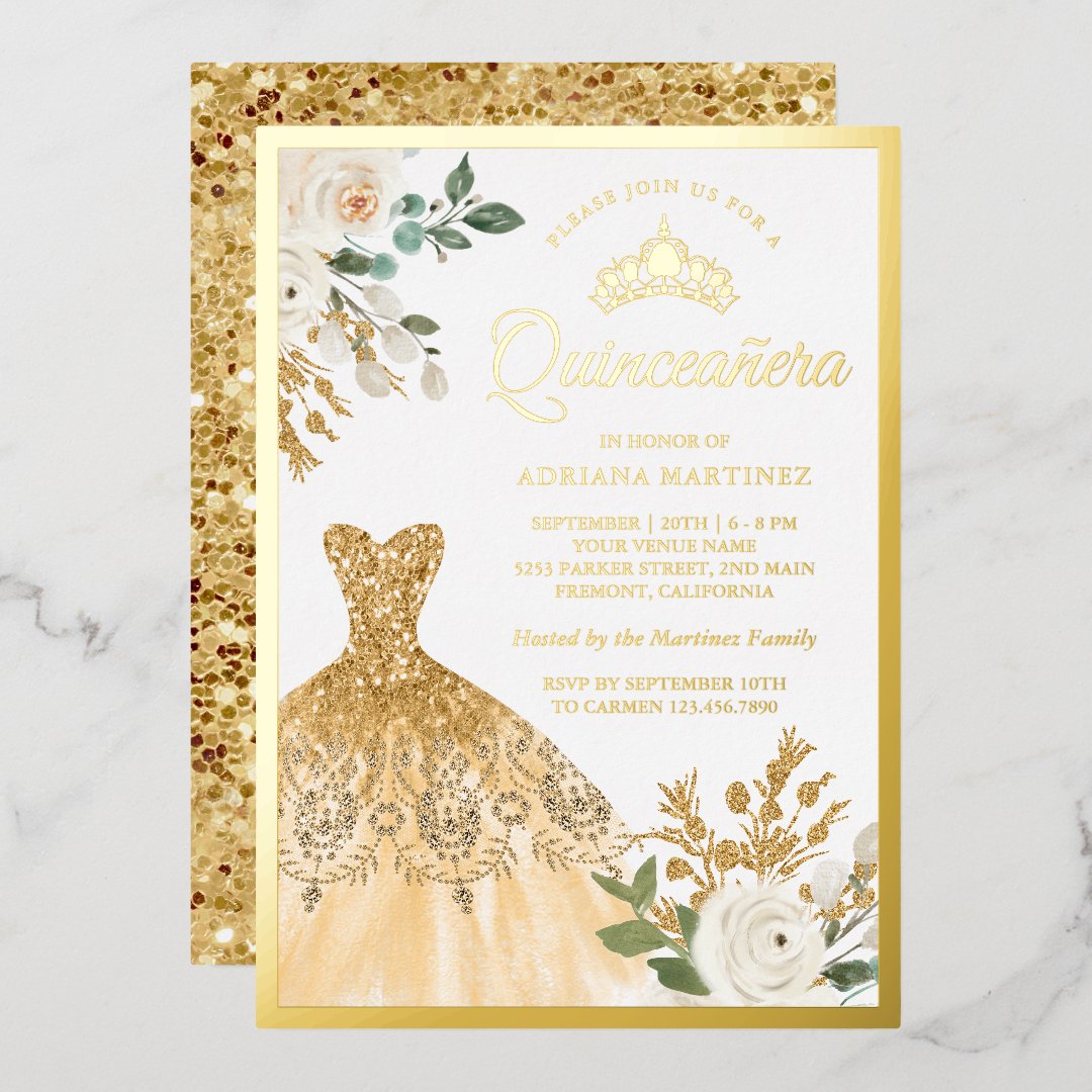 Sparkling Gold Gown Ivory Floral Quinceanera Gold Foil Invitation | Zazzle