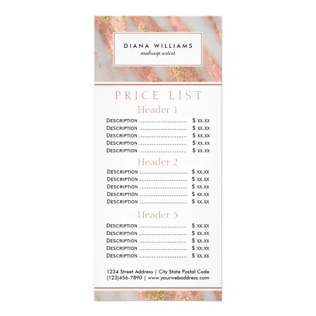 Sparkling Pink Marble Abstract Price List Rack Card | Zazzle