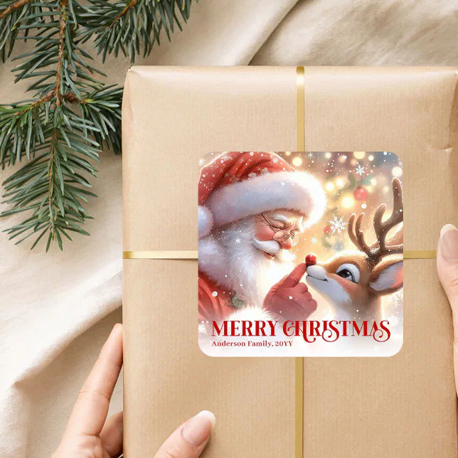 Sparkling Santa Rudolph Personalized Christmas Square Sticker | Zazzle