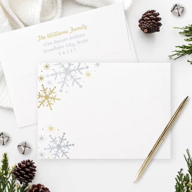 Sparkling Silver and Gold Snowflake Holiday Envelope | Zazzle
