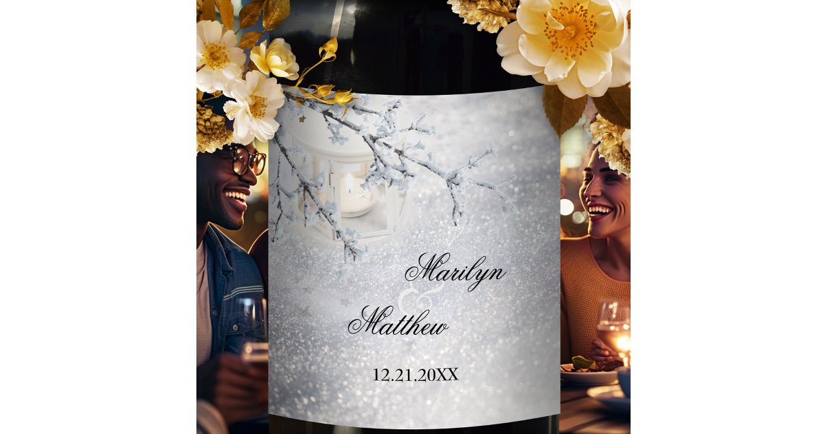 Sparkling Snow Christmas Winter Wedding Wine Label | Zazzle