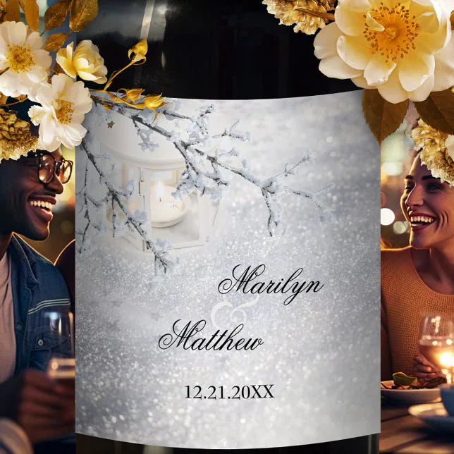 Sparkling Snow Christmas Winter Wedding Wine Label | Zazzle