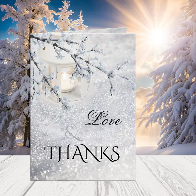 Sparkling Snow Winter Wedding Photo Thank You Card | Zazzle