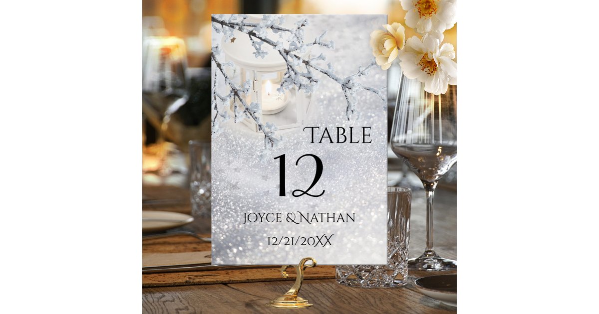 Sparkling Snow Winter Wedding Table Number Card | Zazzle