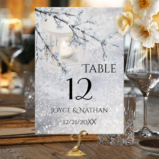 Sparkling Snow Winter Wedding Table Number Card | Zazzle