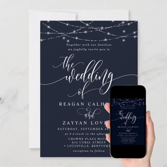 Sparkling String Lights Elegant Navy Wedding Invitation | Zazzle