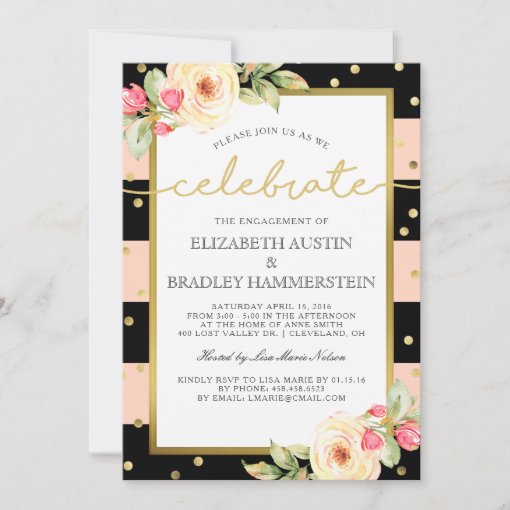 Sparkling Stripes | Floral Engagement Party Invitation | Zazzle