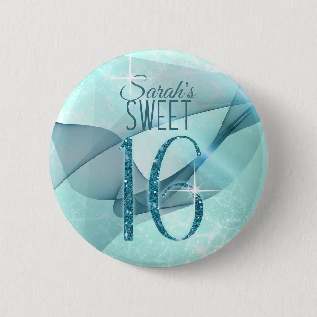 Sparkling Swirls Sweet Sixteen Teal ID652 Button | Zazzle