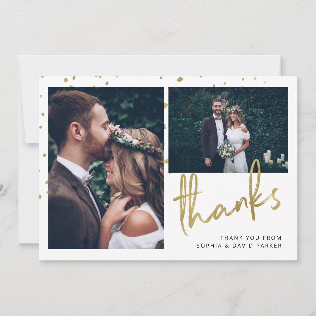 Sparkling Thanks | Two Photo Wedding Thank You Card | Zazzle