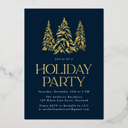 Sparkling Winter Pine Navy Holiday Party Foil Invitation | Zazzle