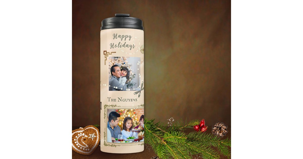 Sparkly 6 Photo Collage Gold & Peach Christmas Thermal Tumbler | Zazzle